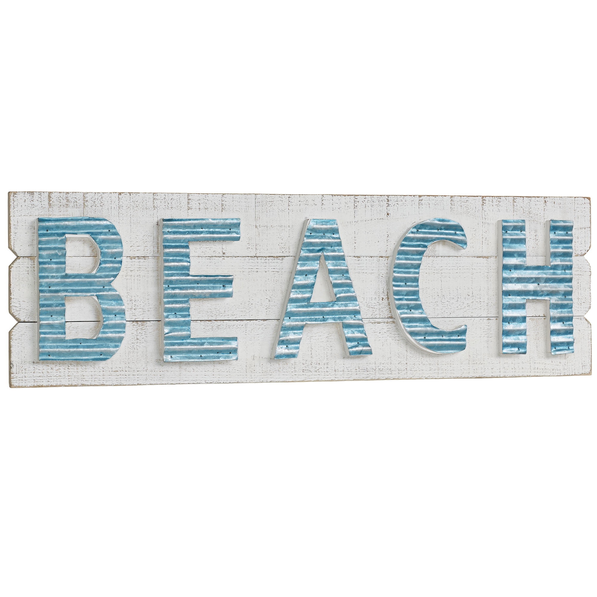 Coastal Beach Word Wall Art Wood and Metal Plaque Whitewash and Blue 31 ...