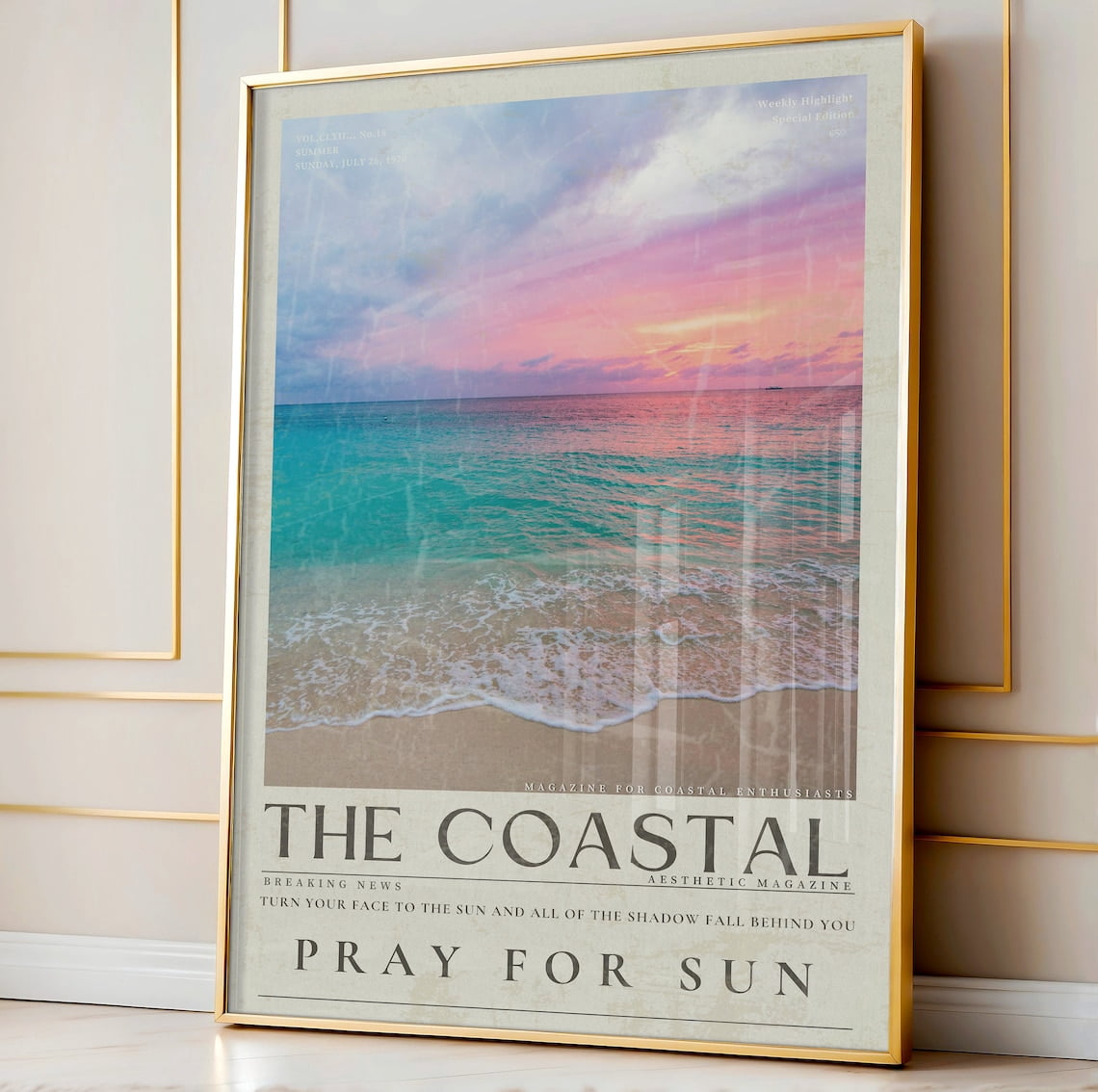Coastal Beachy Summer Print Vintage Newspaper Wall Art, Pray For Sun ...