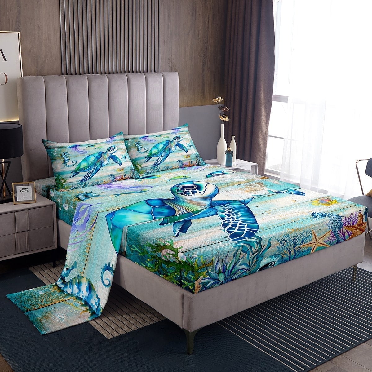 Coastal Bed Sheets Set Queen,Summer Sea Turtle Jellyfish Sheet Set ...