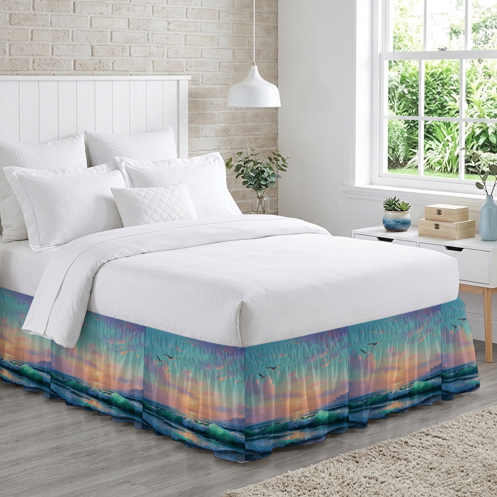 Coastal Bed Skirt King Size 18 Inch Drop, Summer Bird Seagulls Waves ...
