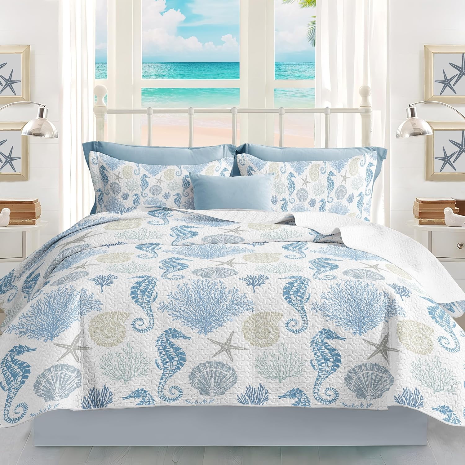 Coastal Bedding Queen Size Coastal Quilt with 2 Shams, Nautical Bedding Beach Comforter Sets ...