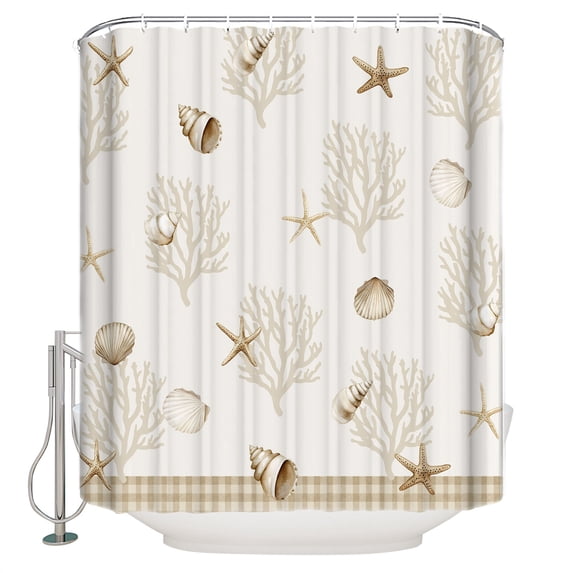 Coastal Beige Coral Bathroom Shower Curtains with 12 Hooks Waterproof ...