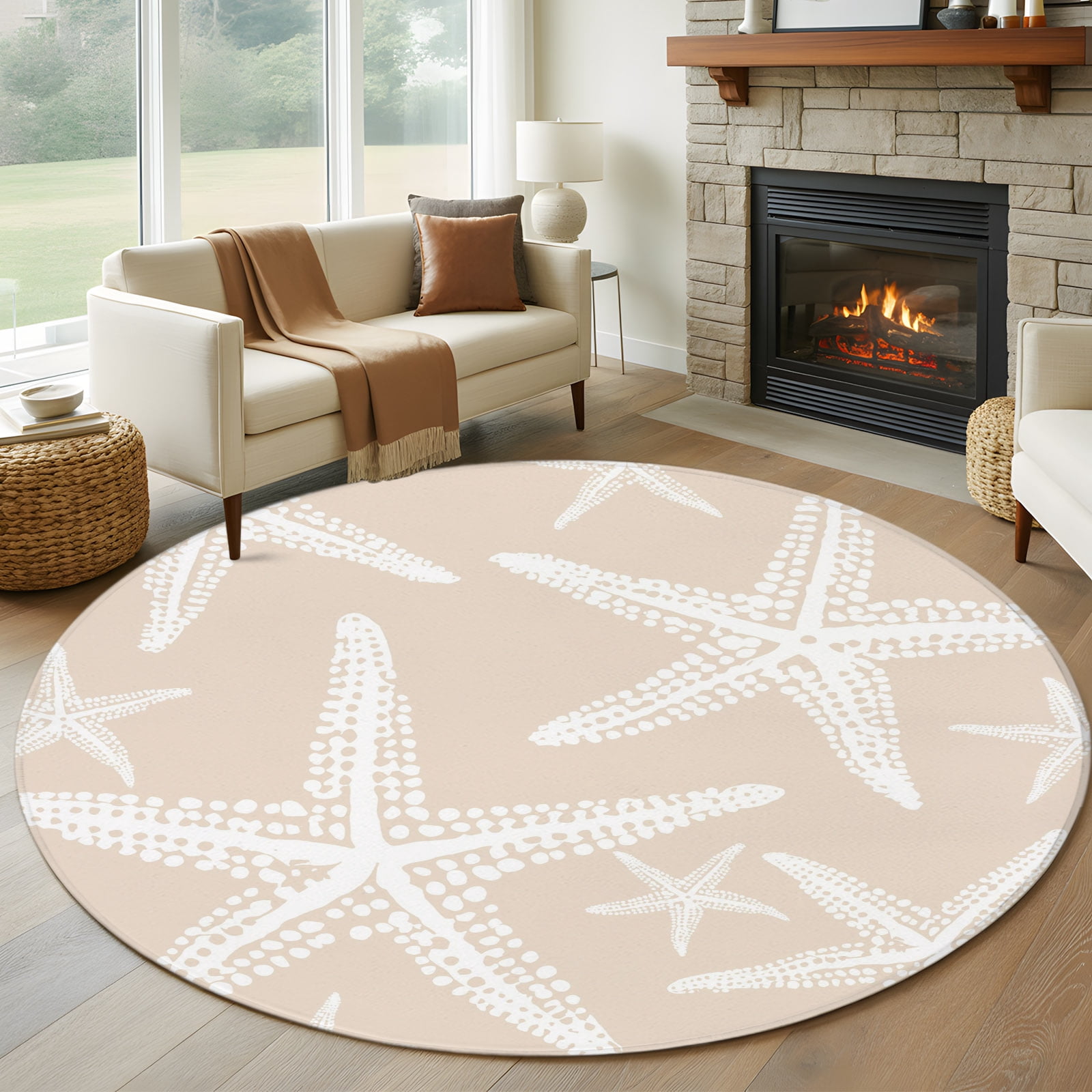 Coastal Beige Starfish 6FT Round Area Rugs for Living Room Nautical ...
