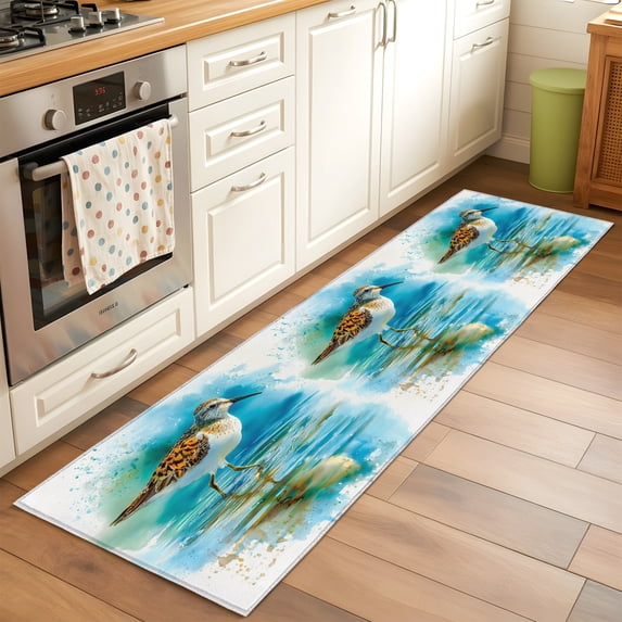 Coastal Bird Runner Rug Non Slip 2x6 Watercolor Teal Blue Bird ...