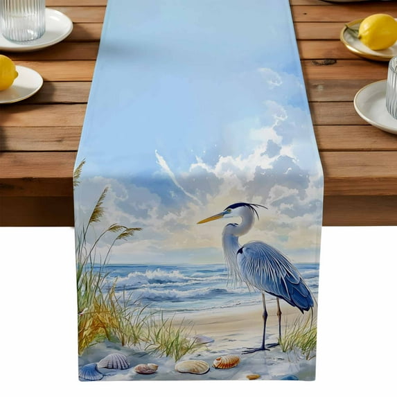 Coastal Birds Cotton Linen Table Runner for Dining Kitchen, Blue Sky Heron Seabird Tropical ...
