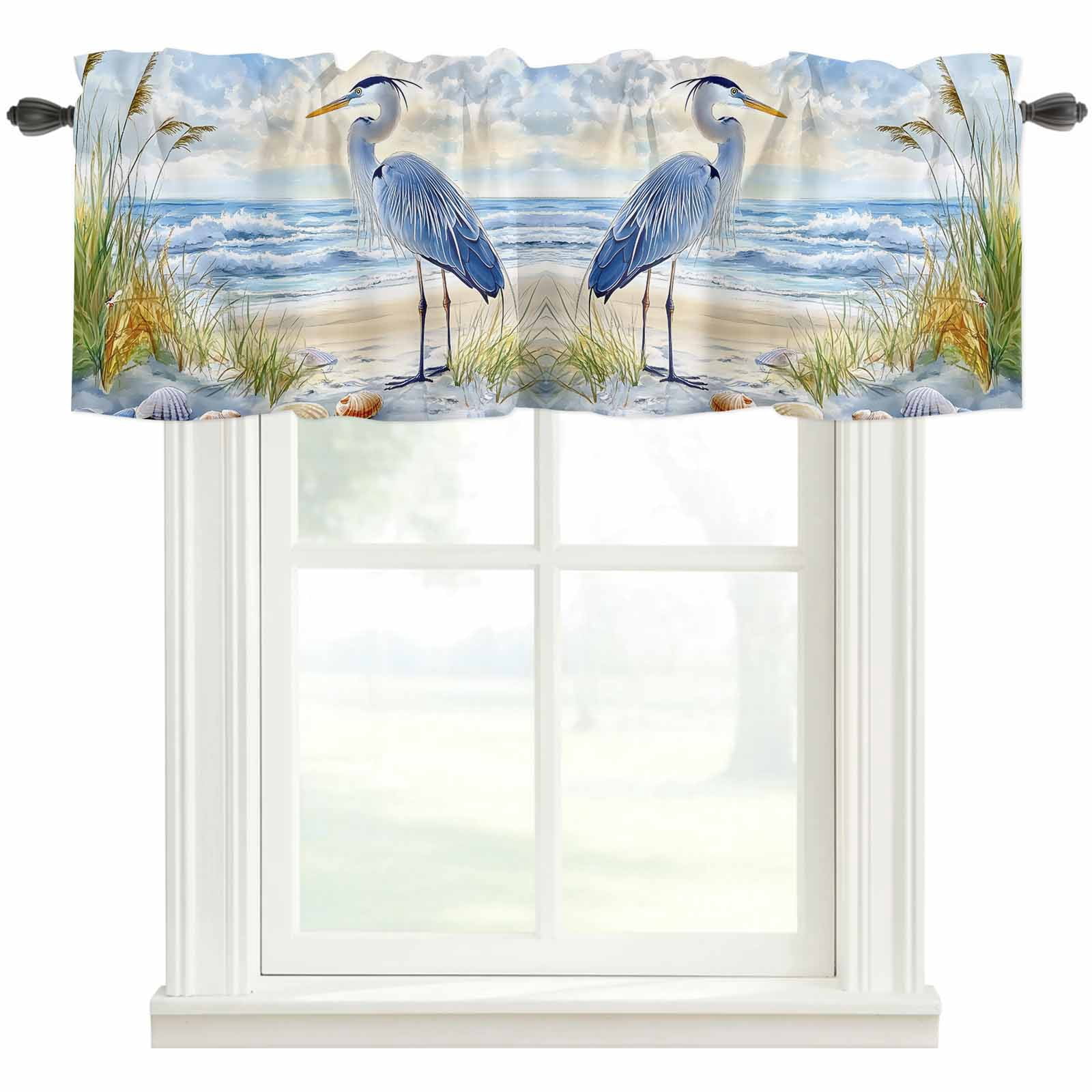 Coastal Birds Kitchen Valances for Windows, Blue Sky Heron Seabird ...
