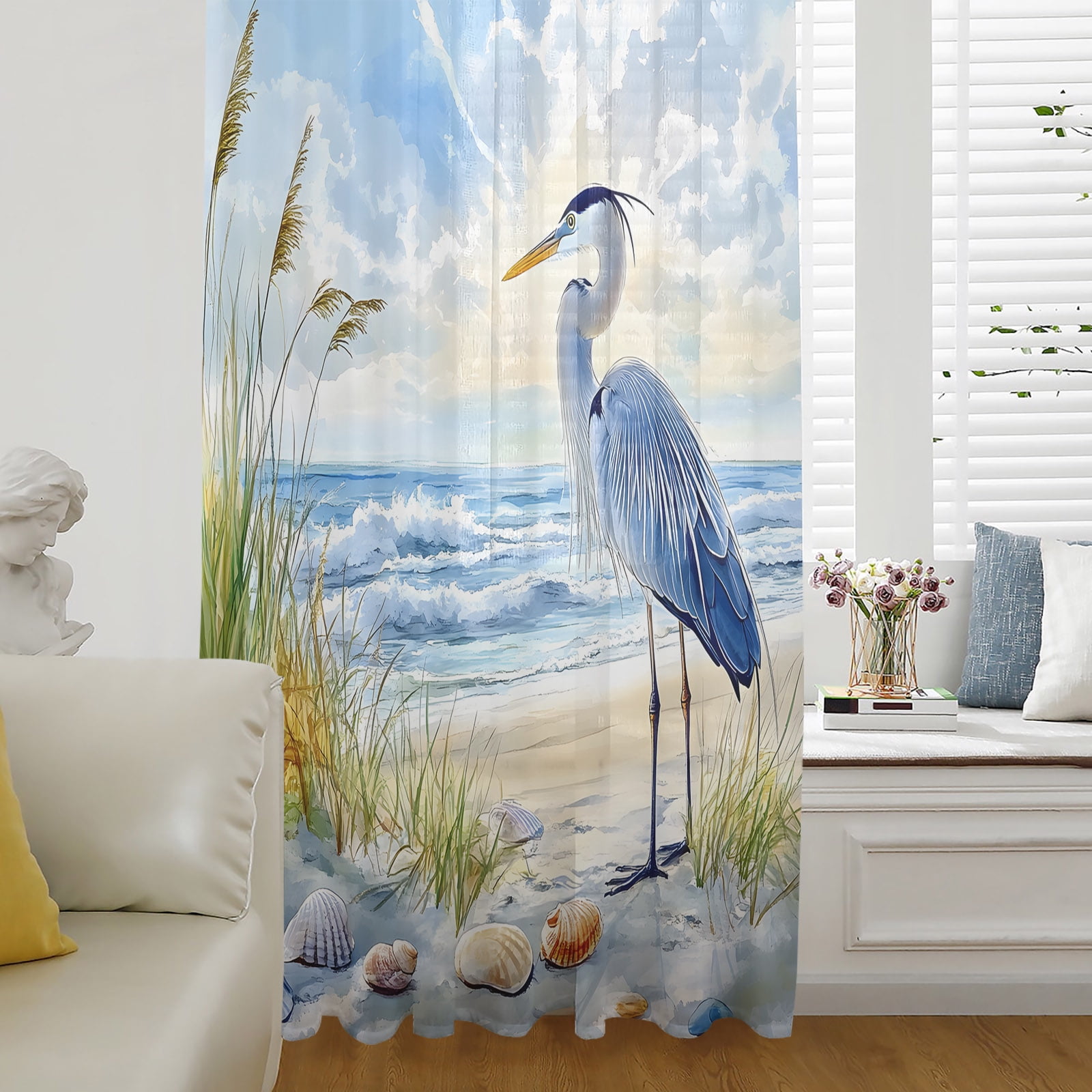 Coastal Birds Sheer Curtains 45 Inch Length, Light Filtering Voile ...