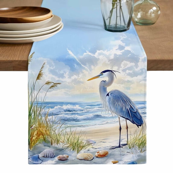Coastal Birds Table Runner, Blue Sky Heron Seabird Tropical Beach ...