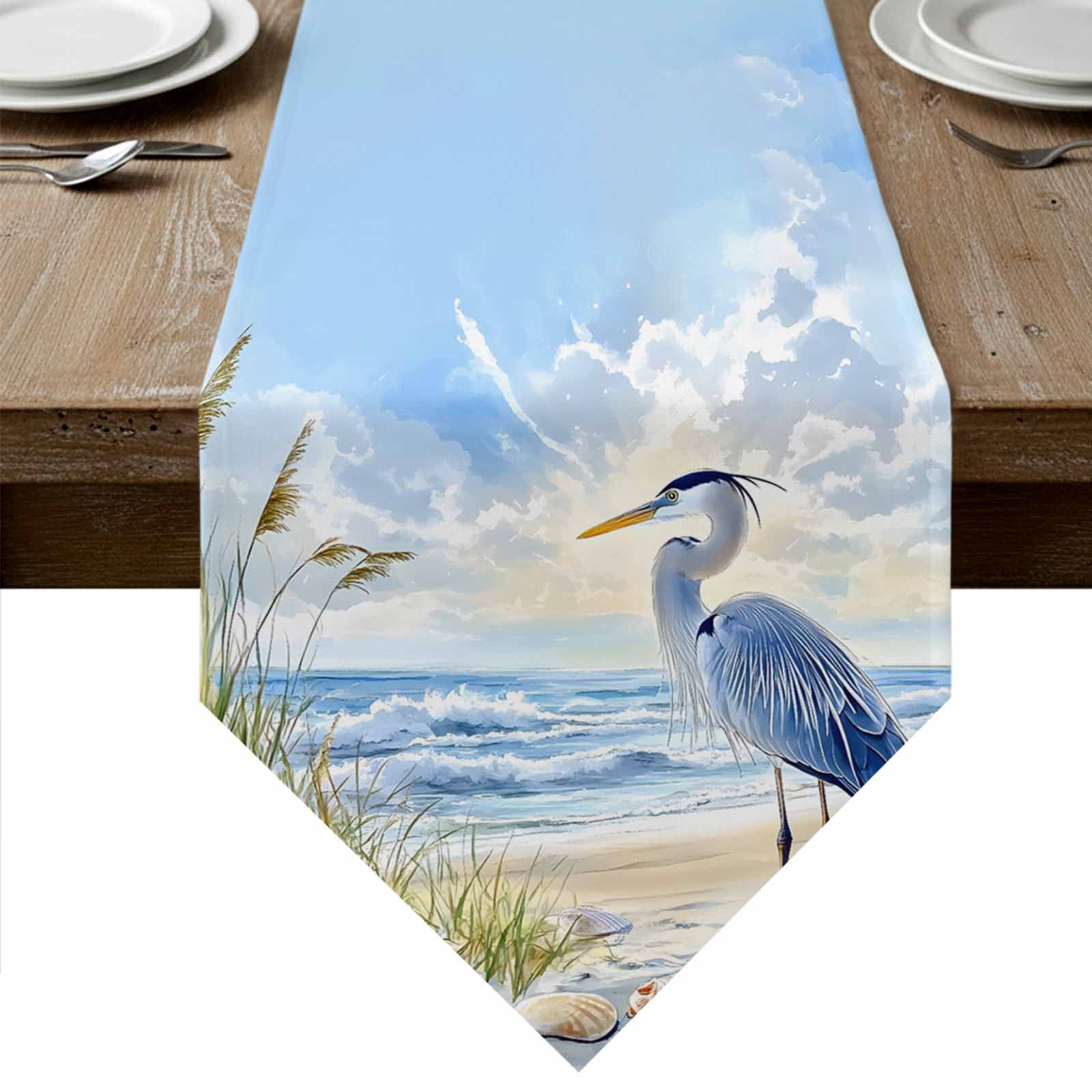 Coastal Birds Table Runner Linen Burlap Table Runner 72 Inches Long ...
