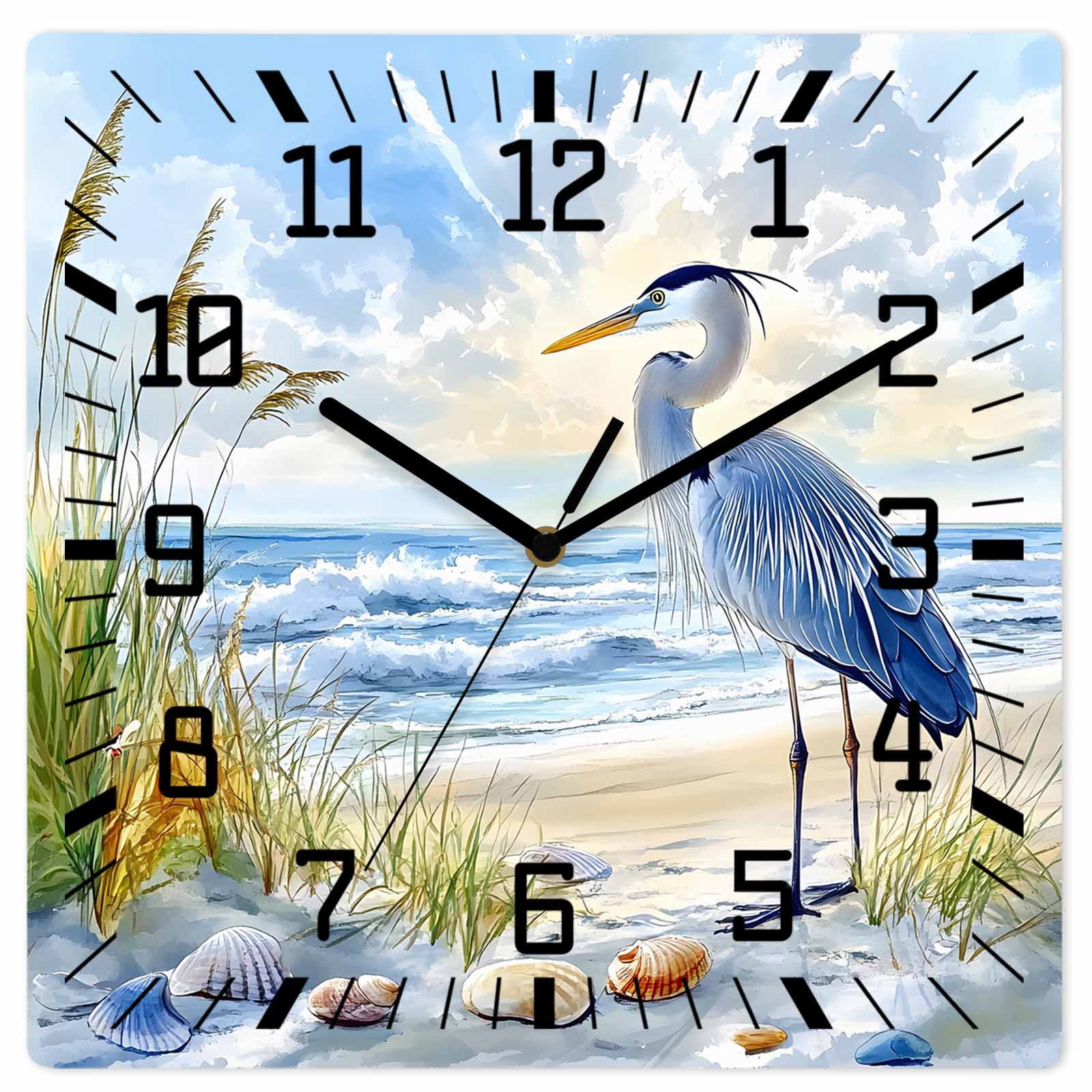 Coastal Birds Wooden Wall Clock Silent Non Ticking, Blue Sky Heron ...