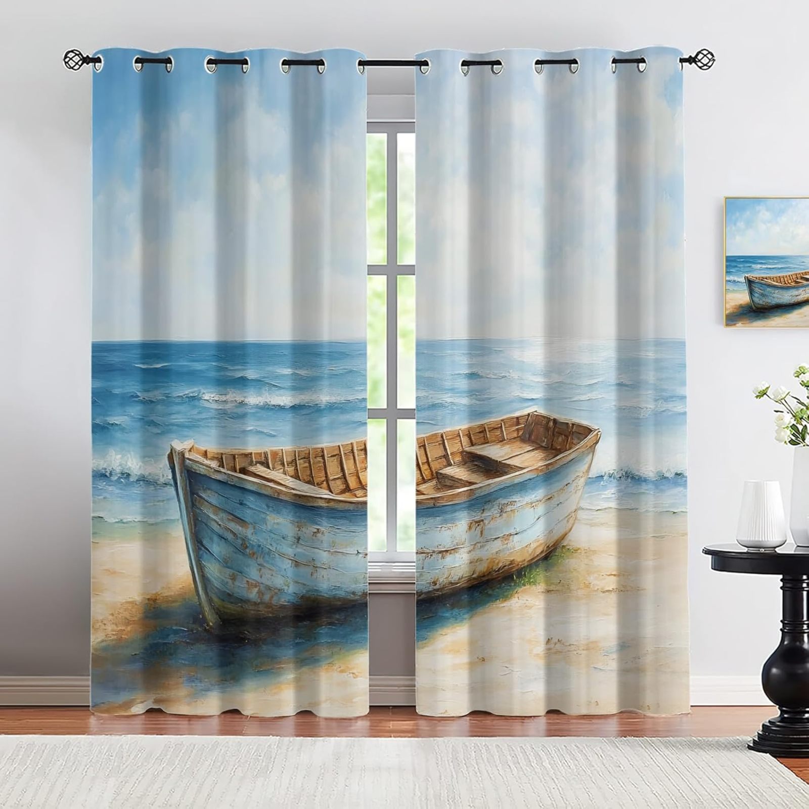 Coastal Blackout Curtains, Oil Painting Ocean Curtains, Boat Beach ...