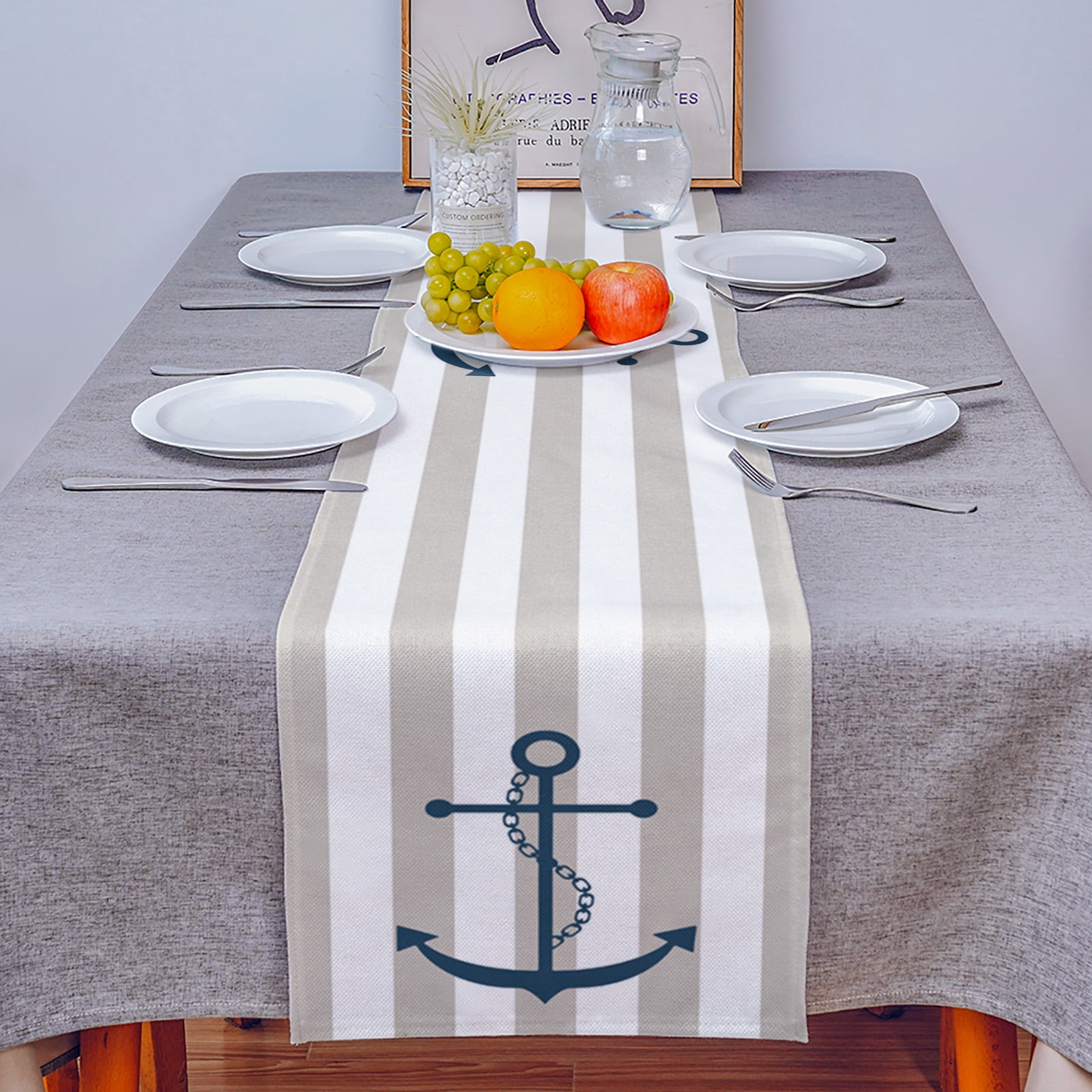 Coastal Blue Anchor Art Table Runner 13x36in Non-Slip Cotton Linen ...