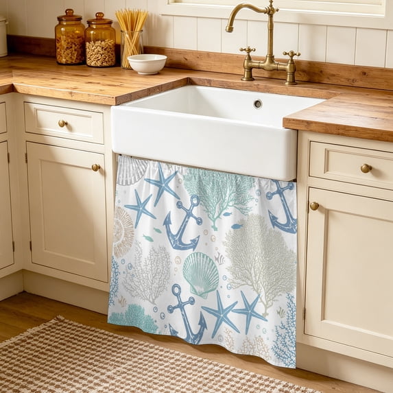 Coastal Blue Anchor Cabinet Curtain, Summer Starfish Shell Coral ...