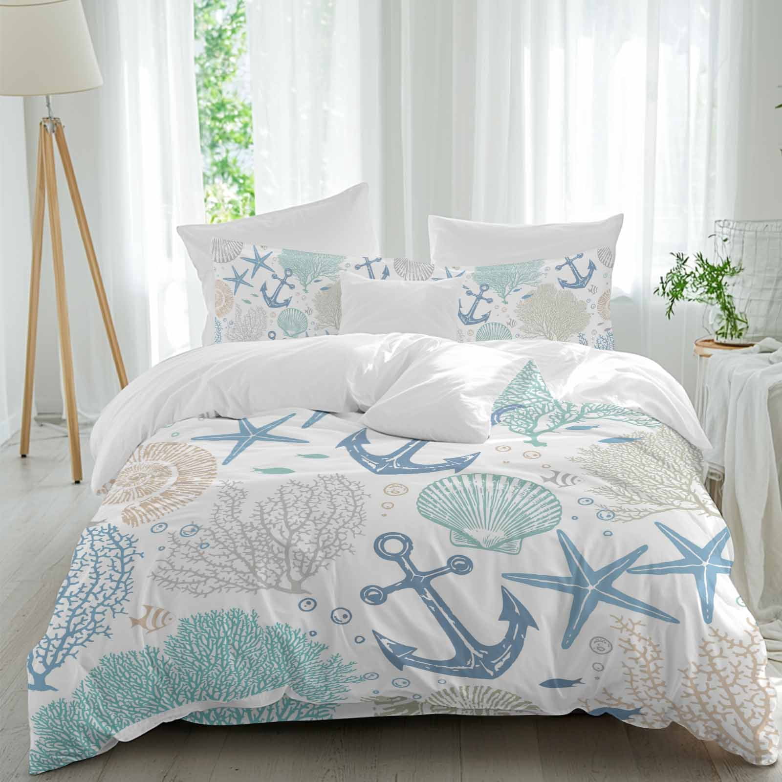 Coastal Blue Anchor Comforter Set California King Size, Summer Starfish ...