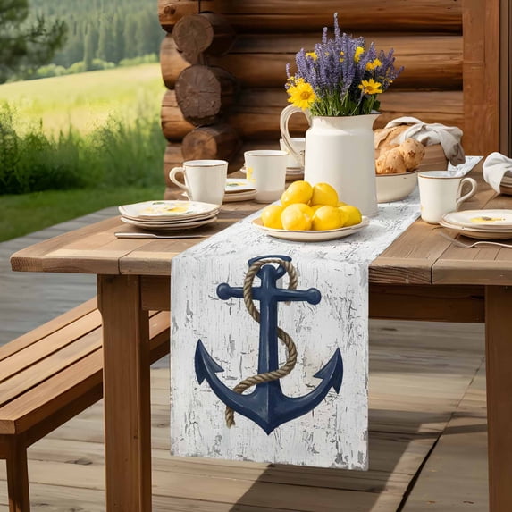 Coastal Blue Anchor Table Runner 13x72in Non-Slip Cotton Linen Table ...