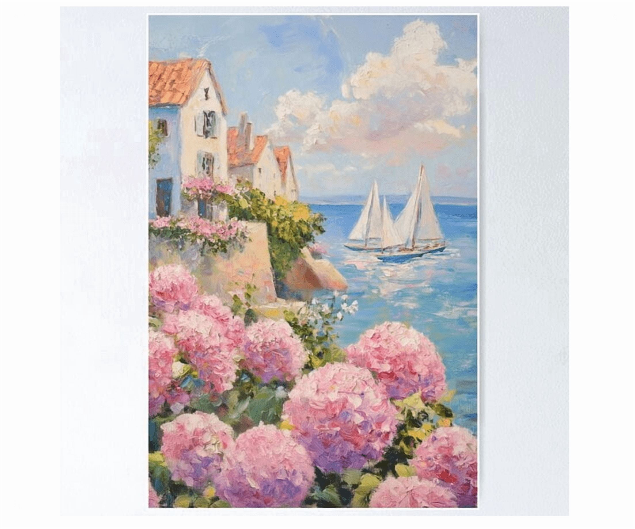 Coastal Blue And Pink Hydrangea Flowers On Italian Beach Ocean With ...