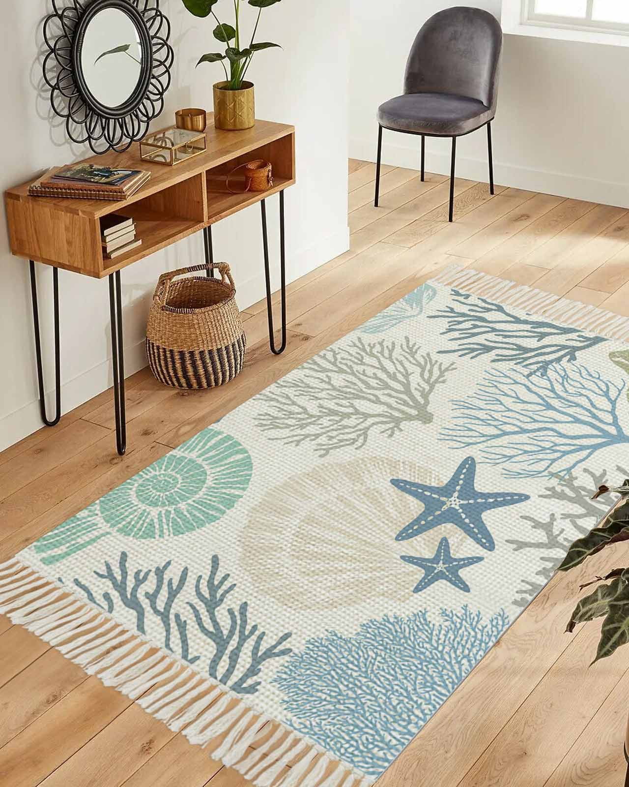 Coastal Blue Area Rug 3x5ft Woven Runner Rug,Ocean Coral Starfish Shell ...