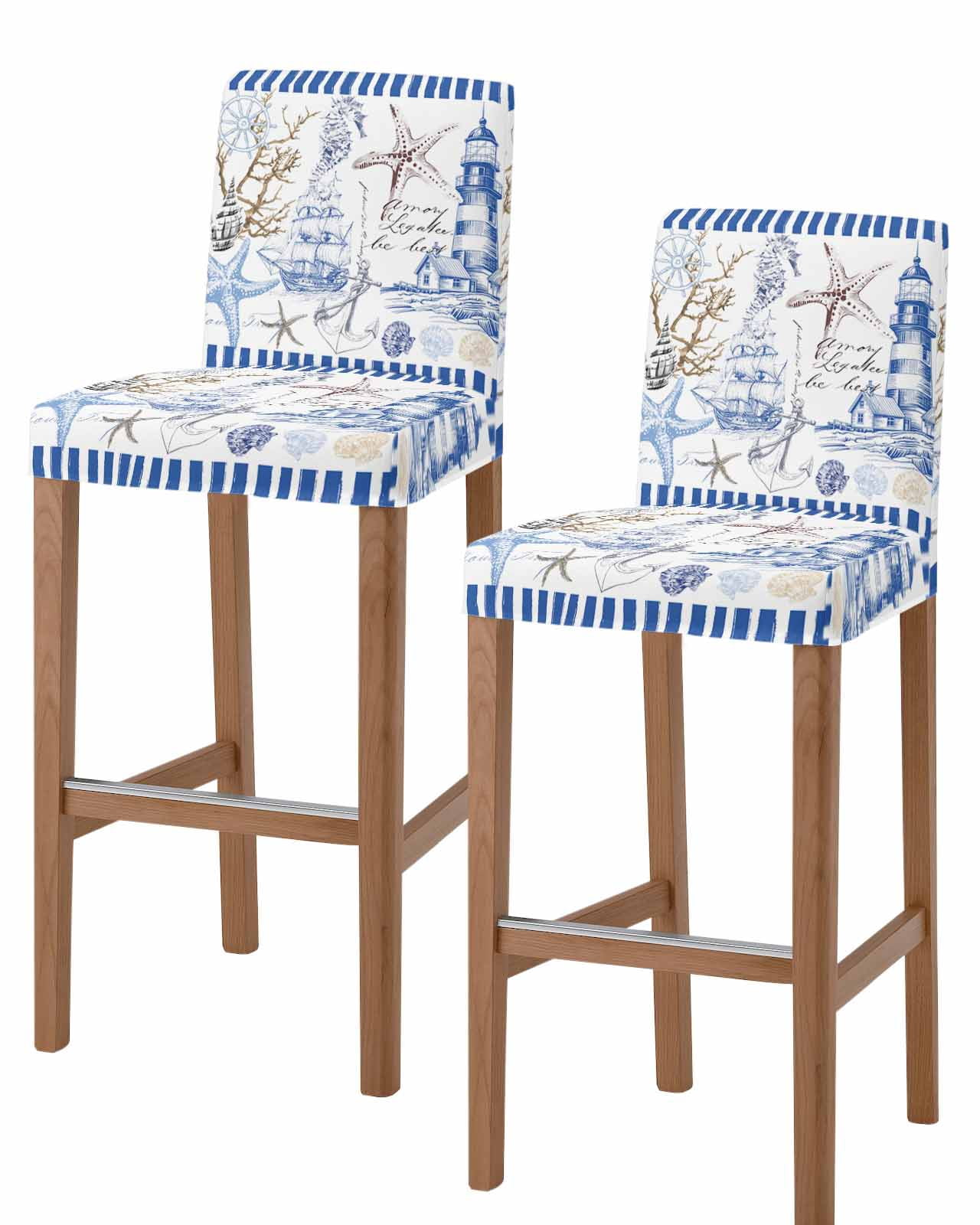 Coastal Blue Bar Stool Covers Set of 2, Ocean Nautical Lighthouse ...