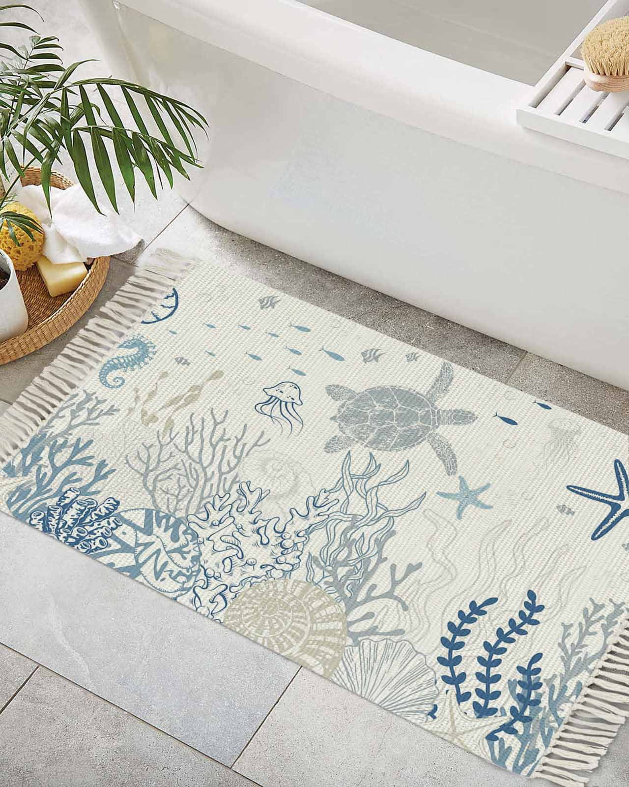 Coastal Blue Bath Rug 2x3ft Woven Bathroom Entryway Runner Rug,Ocean ...