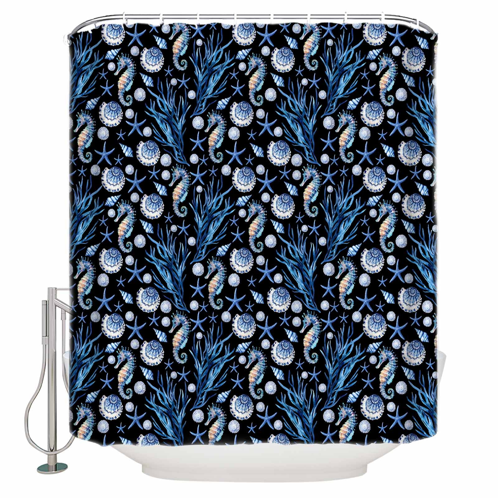 Coastal Blue Bathroom Shower Curtains with 12 Hooks Polyester ...