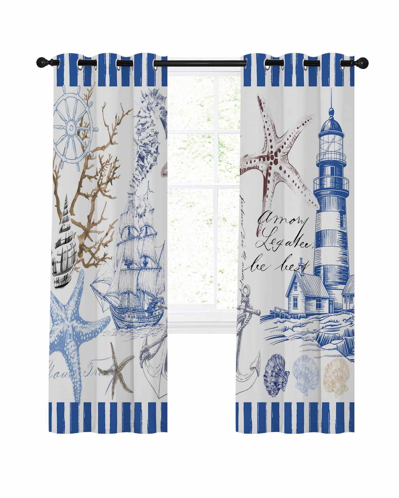 Coastal Blue Blackout Curtains 39 Inches Long for Bedroom, Ocean ...