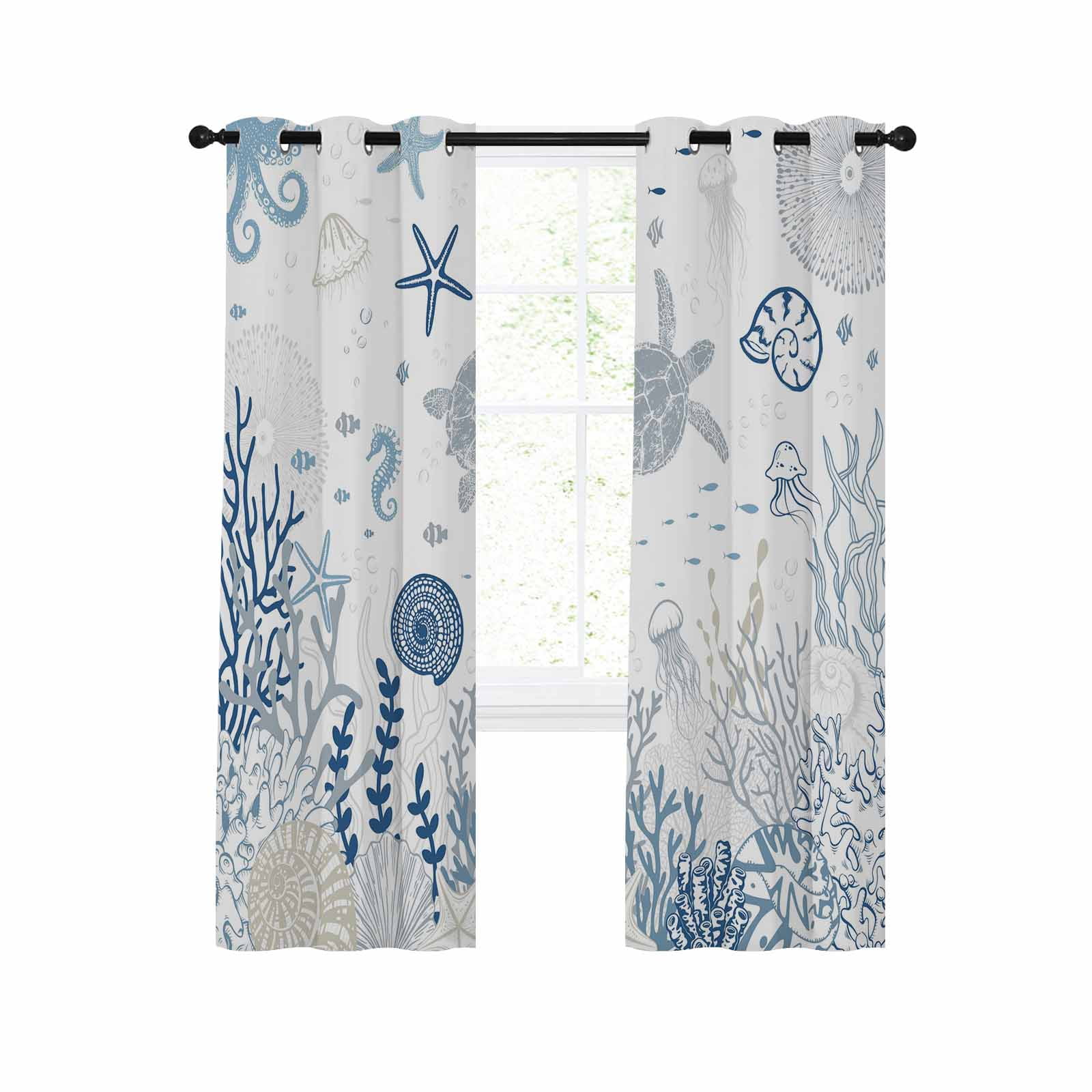 Coastal Blue Blackout Curtains 63 Inches Long for Bedroom, Ocean Turtle ...