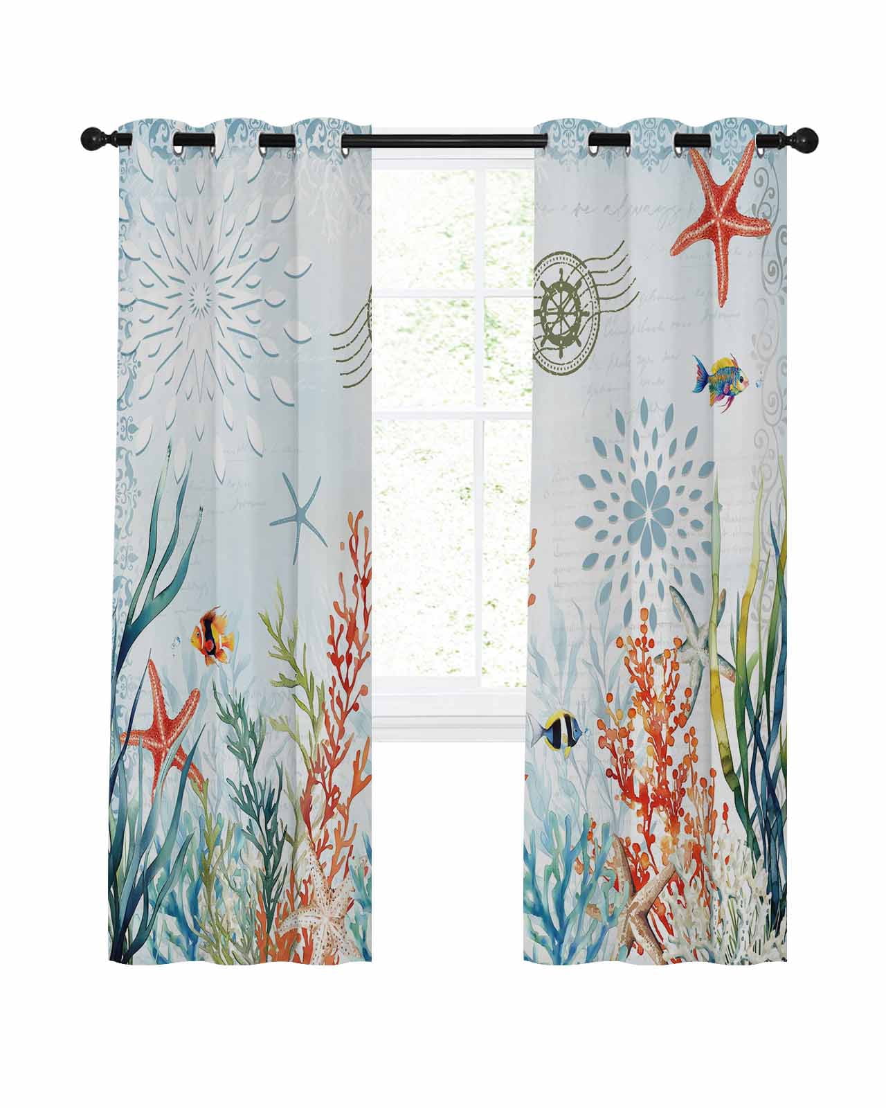 Coastal Blue Blackout Curtains, Light Blocking Print Window Curtains ...