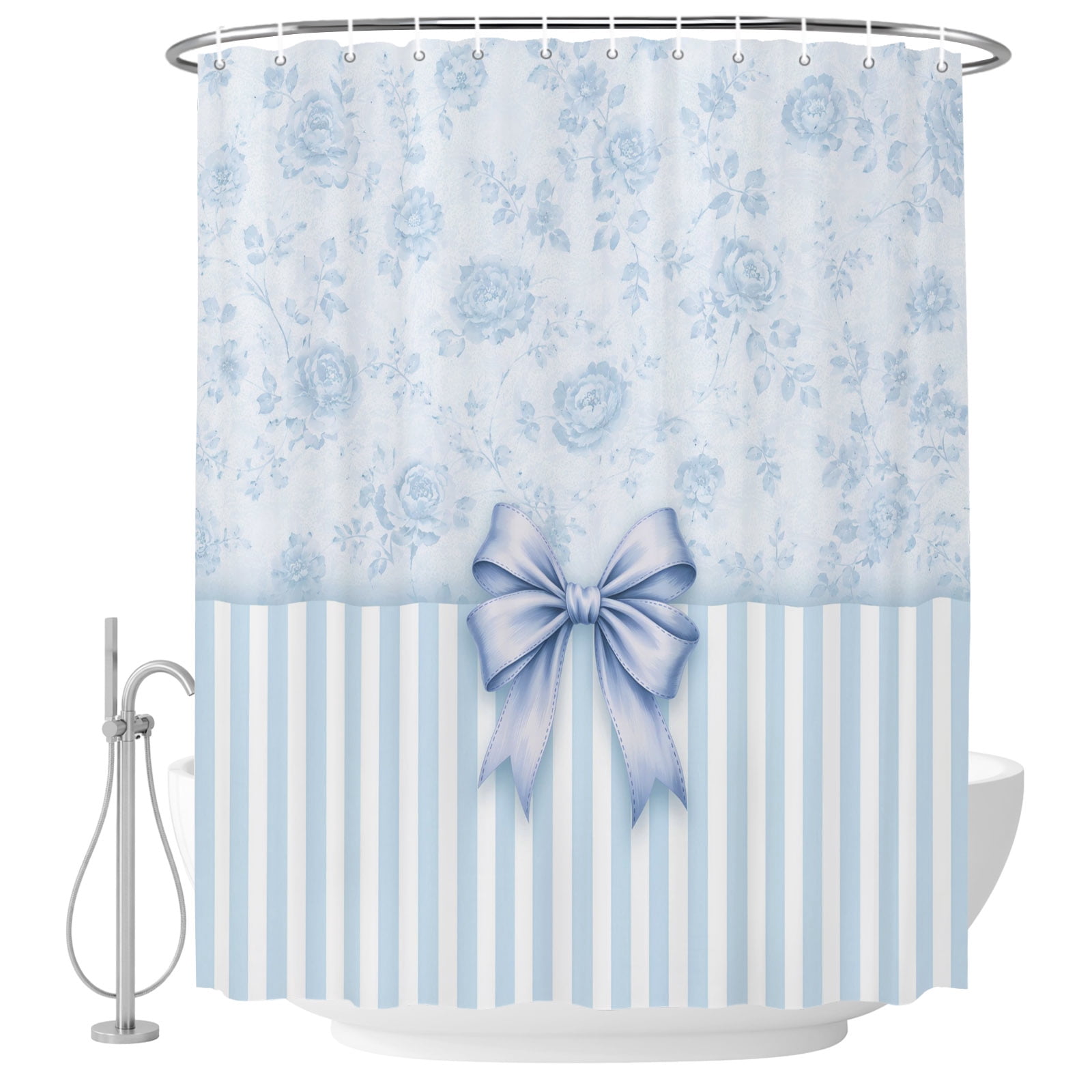 Coastal Blue Bowknot Shower Curtain for Bathroom, Rustic Blue Floral ...