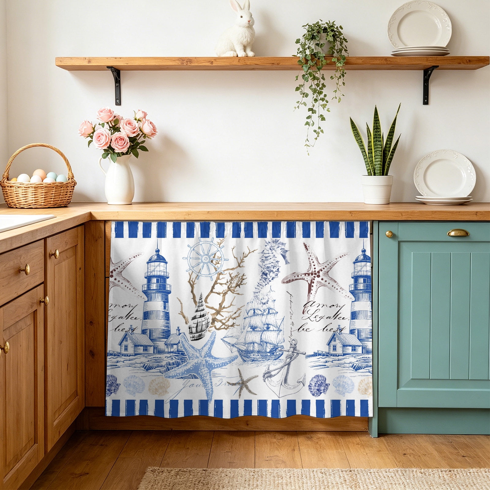 Coastal Blue Cabinet Curtains 28''x35.4'', Ocean Nautical Lighthouse ...