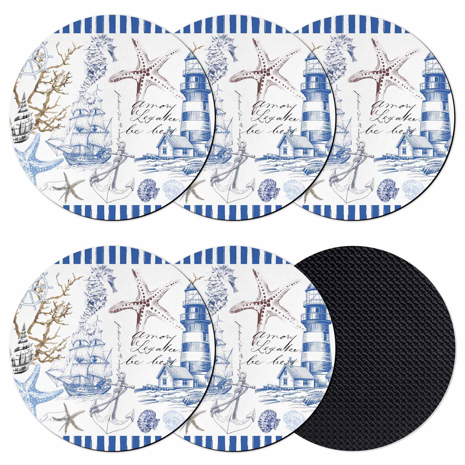 Coastal Blue Coasters Set of 6, Ocean Nautical Lighthouse Starfish ...
