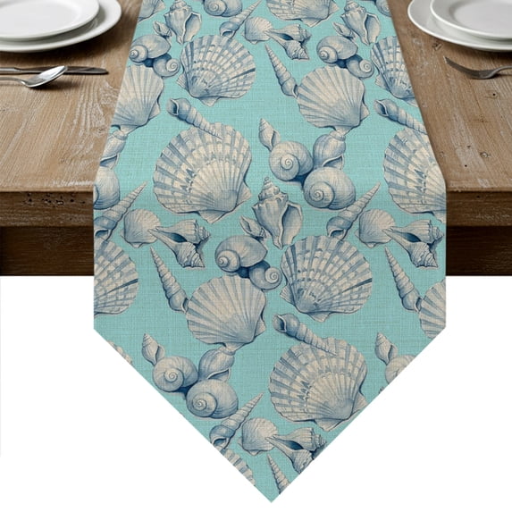 Coastal Blue Conch Table Runner Linen Burlap Table Runner 120 Inches ...