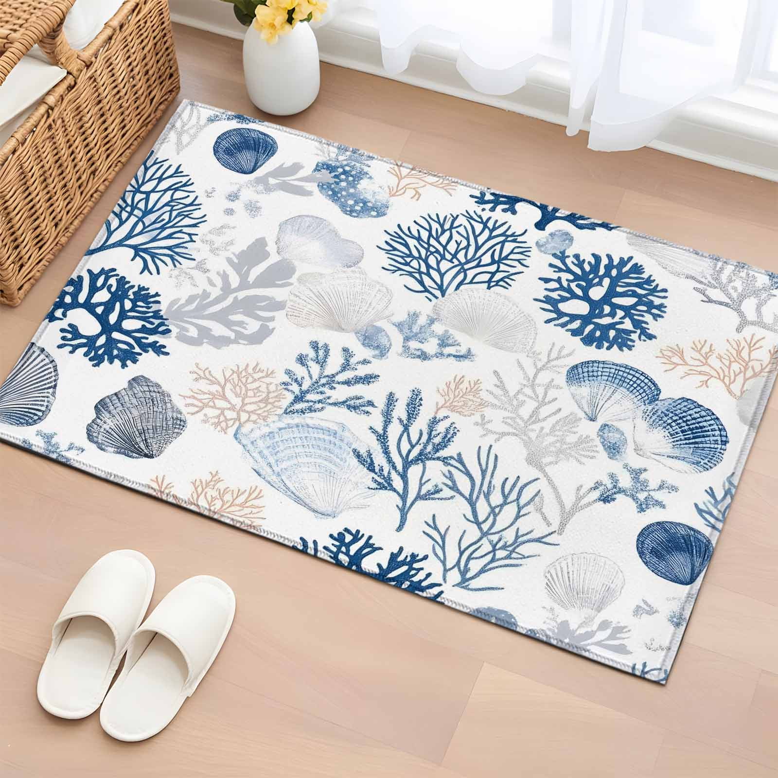 Coastal Blue Coral Bathroom Rug Washable 2x3 Entryway Rug Non Slip ...