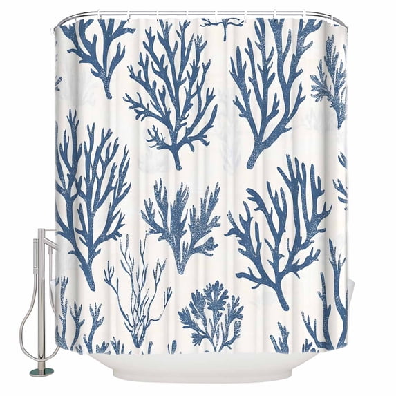 Coastal Blue Coral Bathroom Shower Curtains with 12 Hooks Polyester ...
