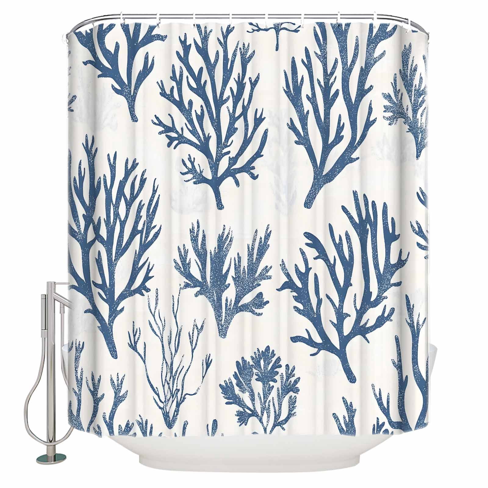 Coastal Blue Coral Bathroom Shower Curtains with 12 Hooks Polyester ...
