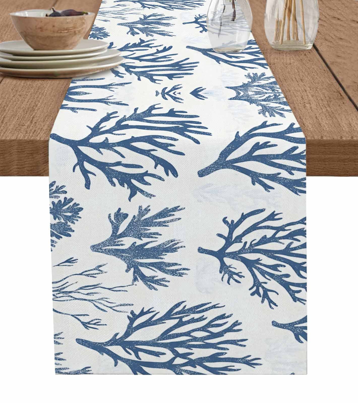 Coastal Blue Coral Burlap Cotton Table Runner 14x72 Inches Long, Summer ...
