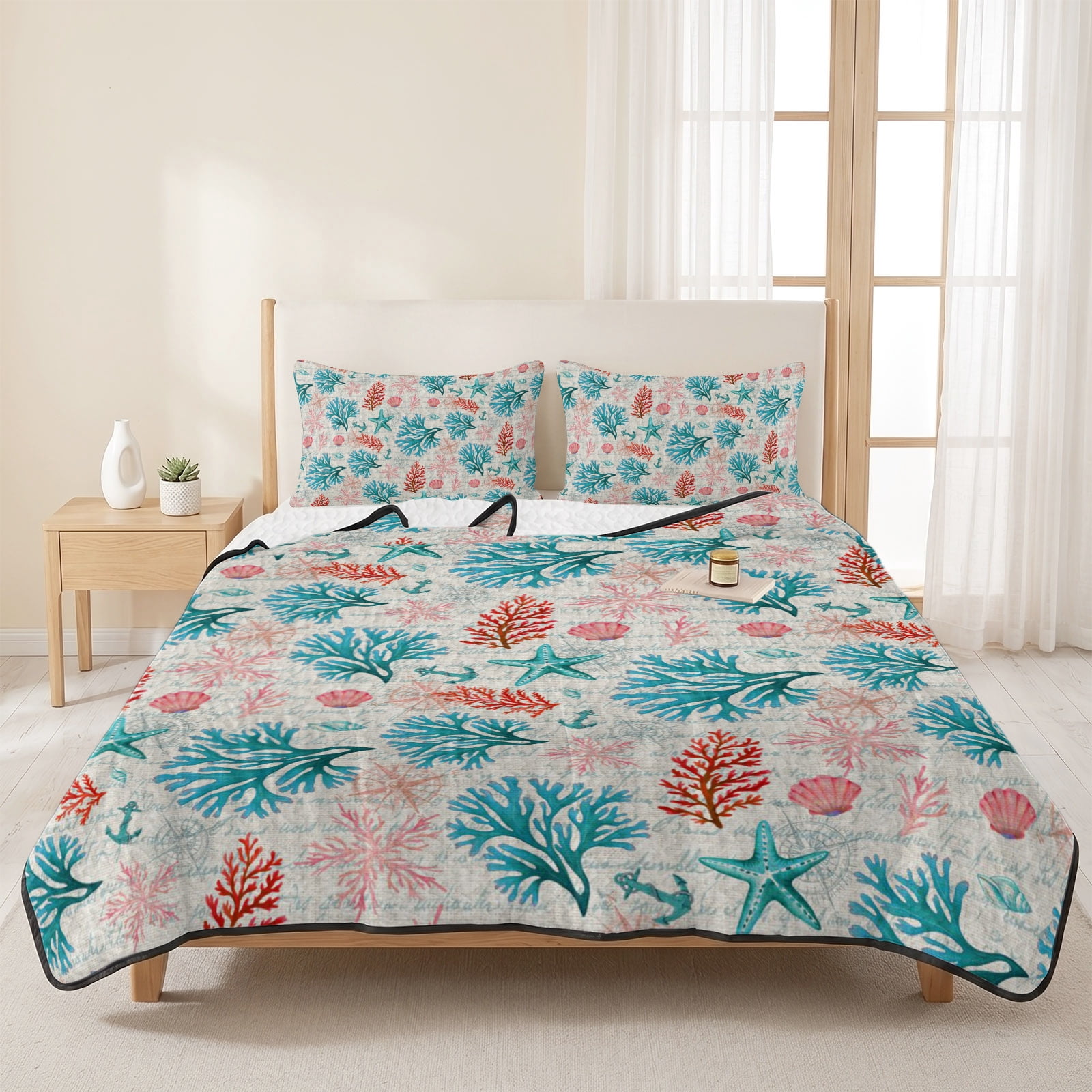 Coastal Blue Coral Nautical Compass 3 Pieces Quilt Set,1 Quilt with 2 ...