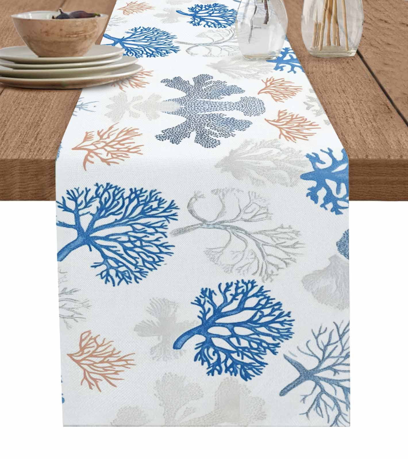 Coastal Blue Coral Table Runner Cotton Linen 90 Inch Holiday Dresser ...