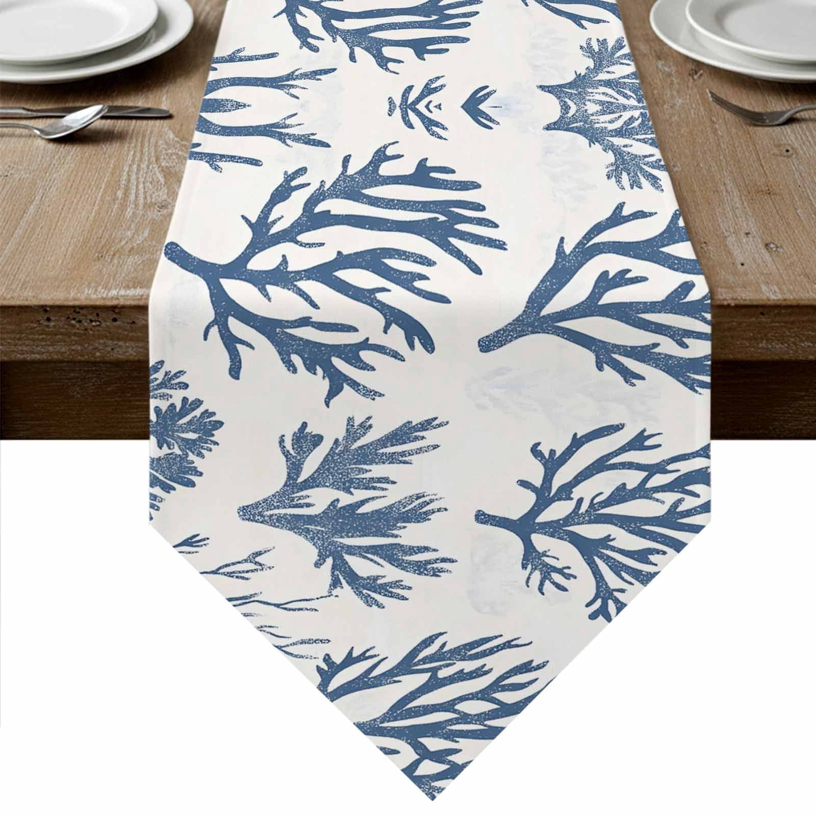 Coastal Blue Coral Table Runner Linen Burlap Table Runner 72 Inches ...