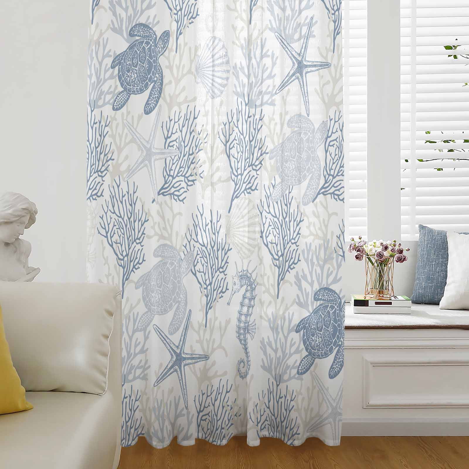 Coastal Blue Coral Turtle Window Curtain 63 Inches Long,Summer Ocean ...