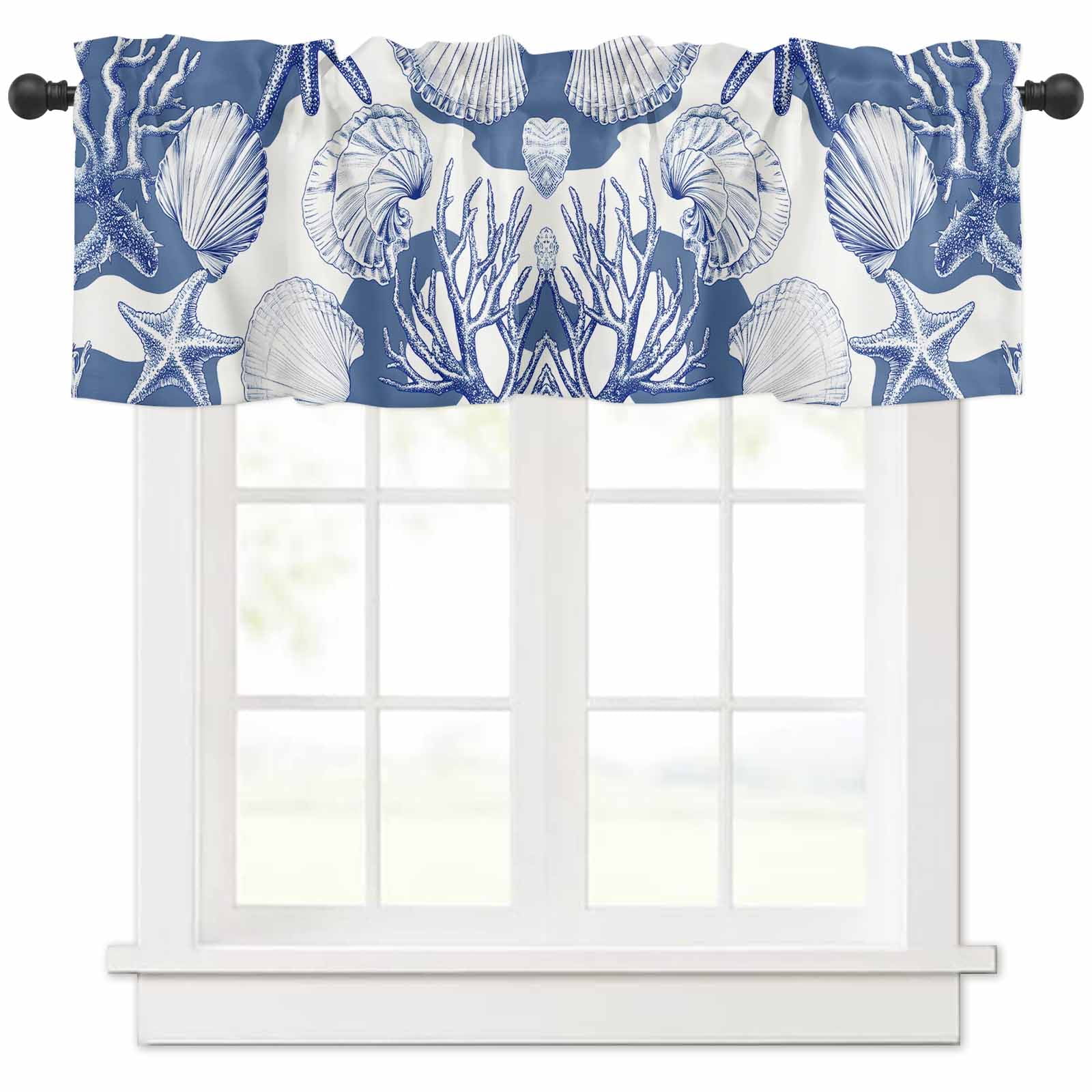 Coastal Blue Coral Valances for Windows Farmhouse Kitchen Curtains ...