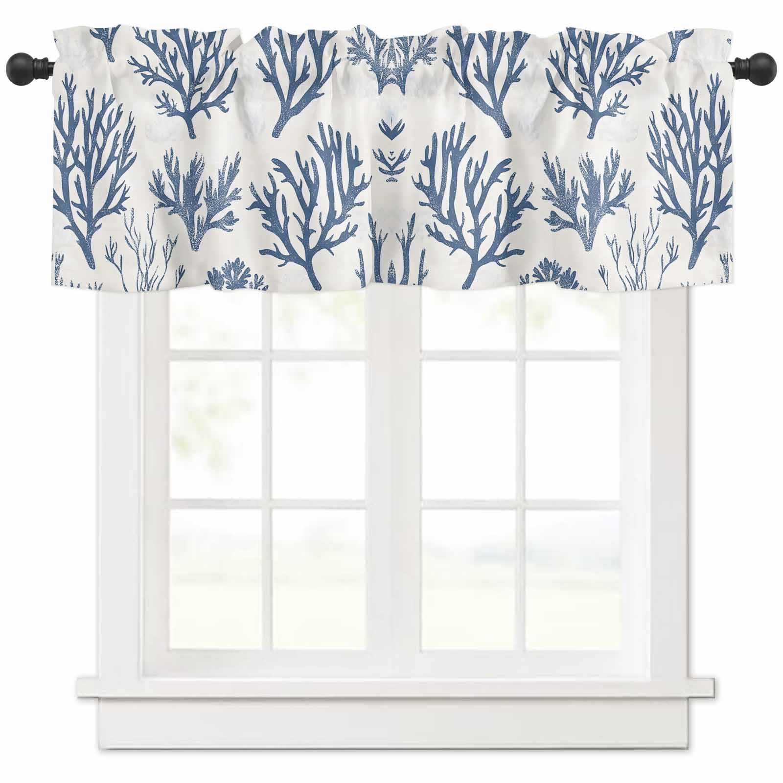 Coastal Blue Coral Valances for Windows Farmhouse Kitchen Curtains ...