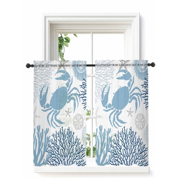 Coastal Blue Crab Curtains 54 Inch Length, Sheer Curtains for Bedroom ...