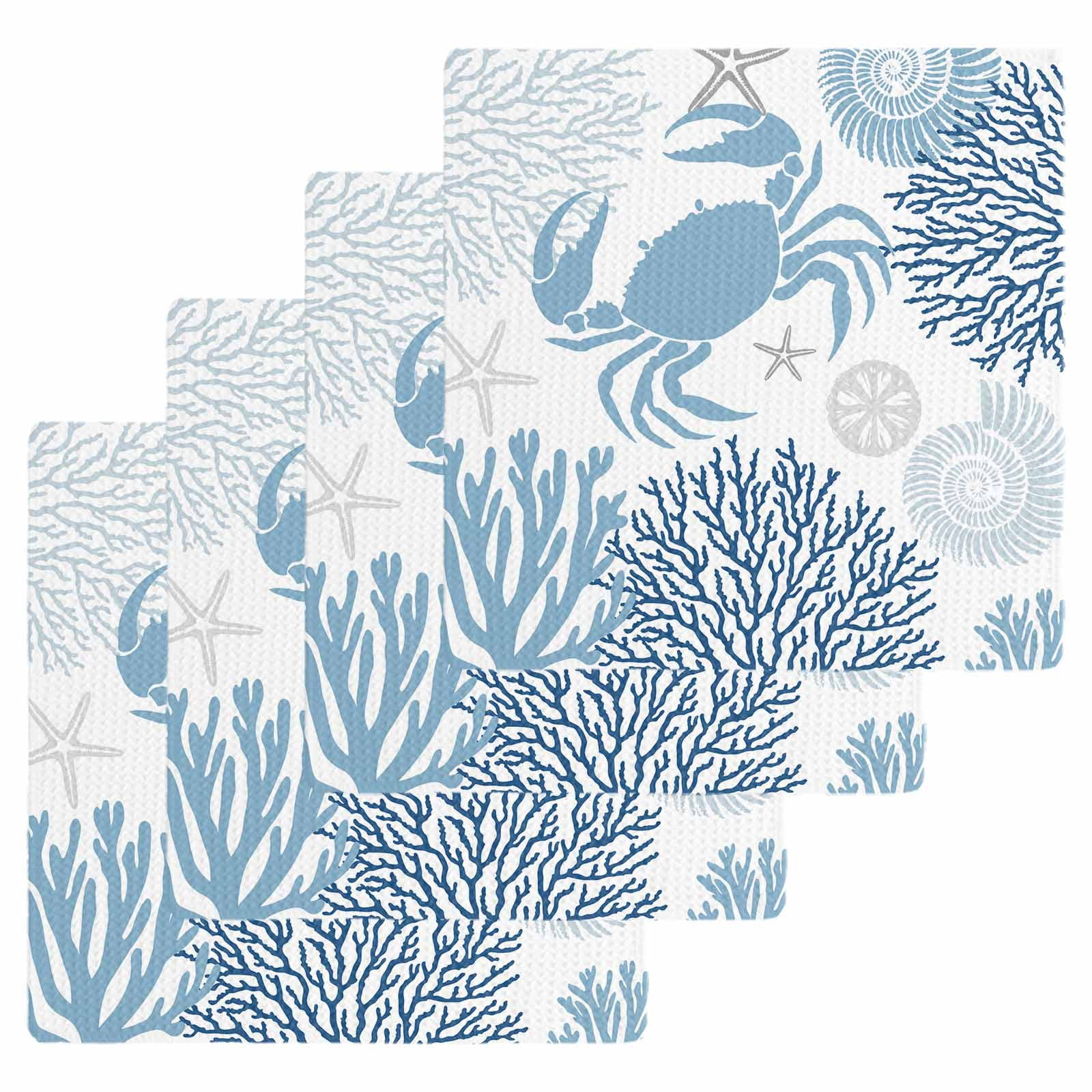 Coastal Blue Crab Kitchen Dish Towels for Drying Dishes Set of 4, Coral ...