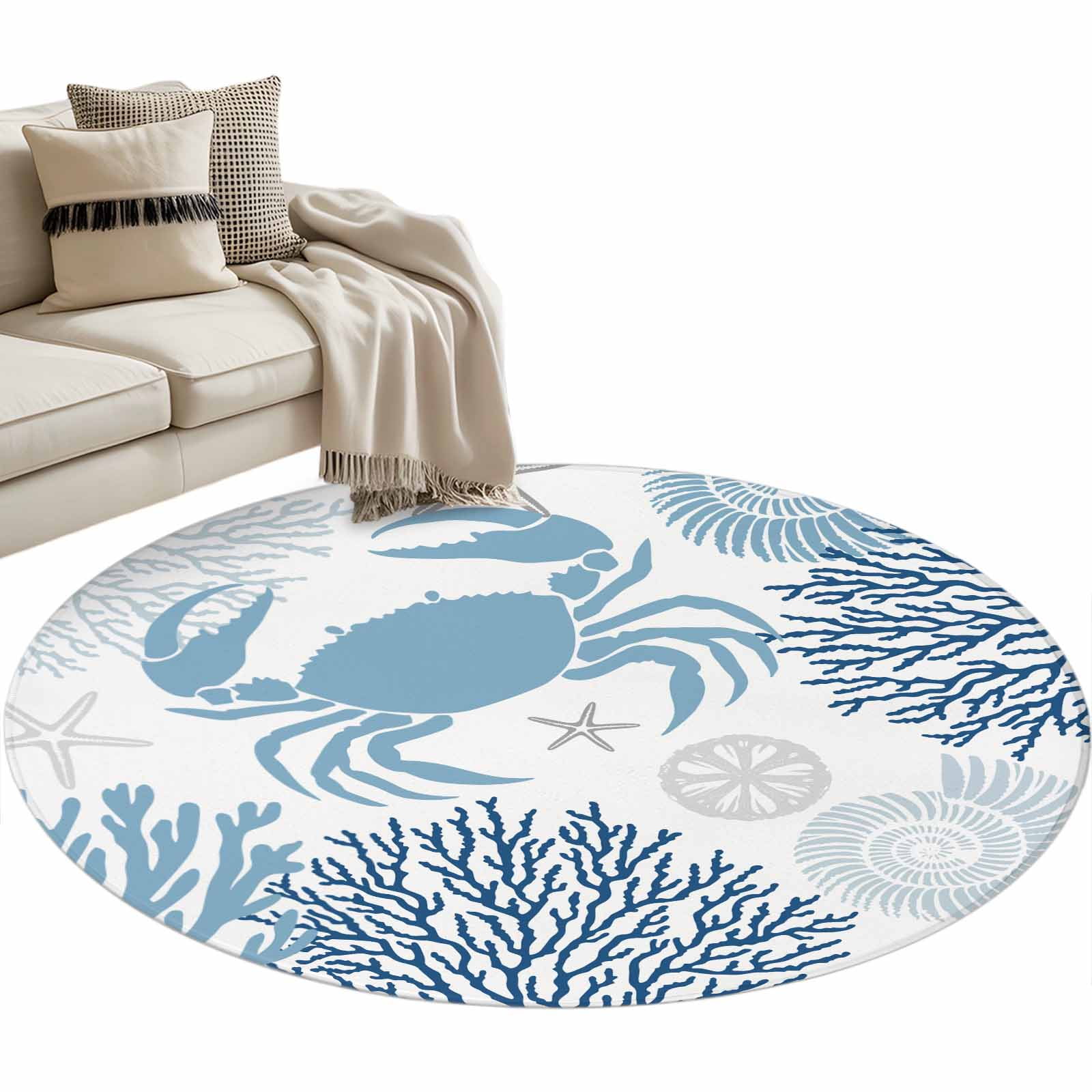 Coastal Blue Crab Round Area Rug 4ft, Coral Starfish Ocean Conch ...