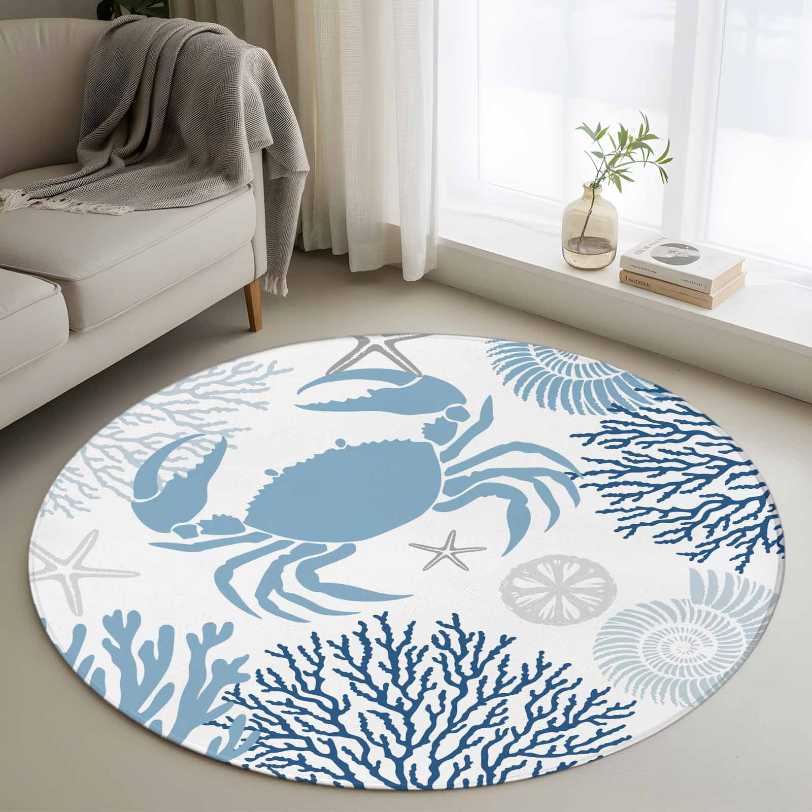 Coastal Blue Crab Round Rug 3.3ft Washable Circle Entryway Rugs Non ...