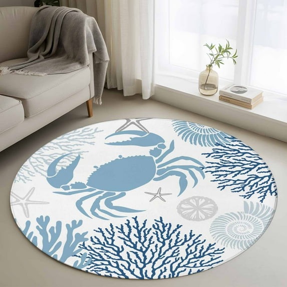 Coastal Blue Crab Round Rug 3.3ft Washable Circle Entryway Rugs Non ...
