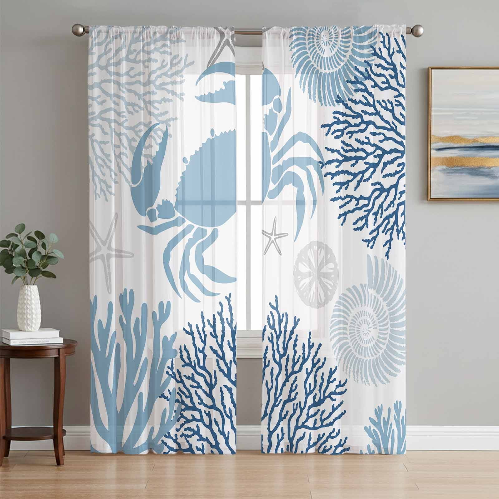 Coastal Blue Crab Semi Sheer Curtains 84 Inch Length 2 Panels Set ...