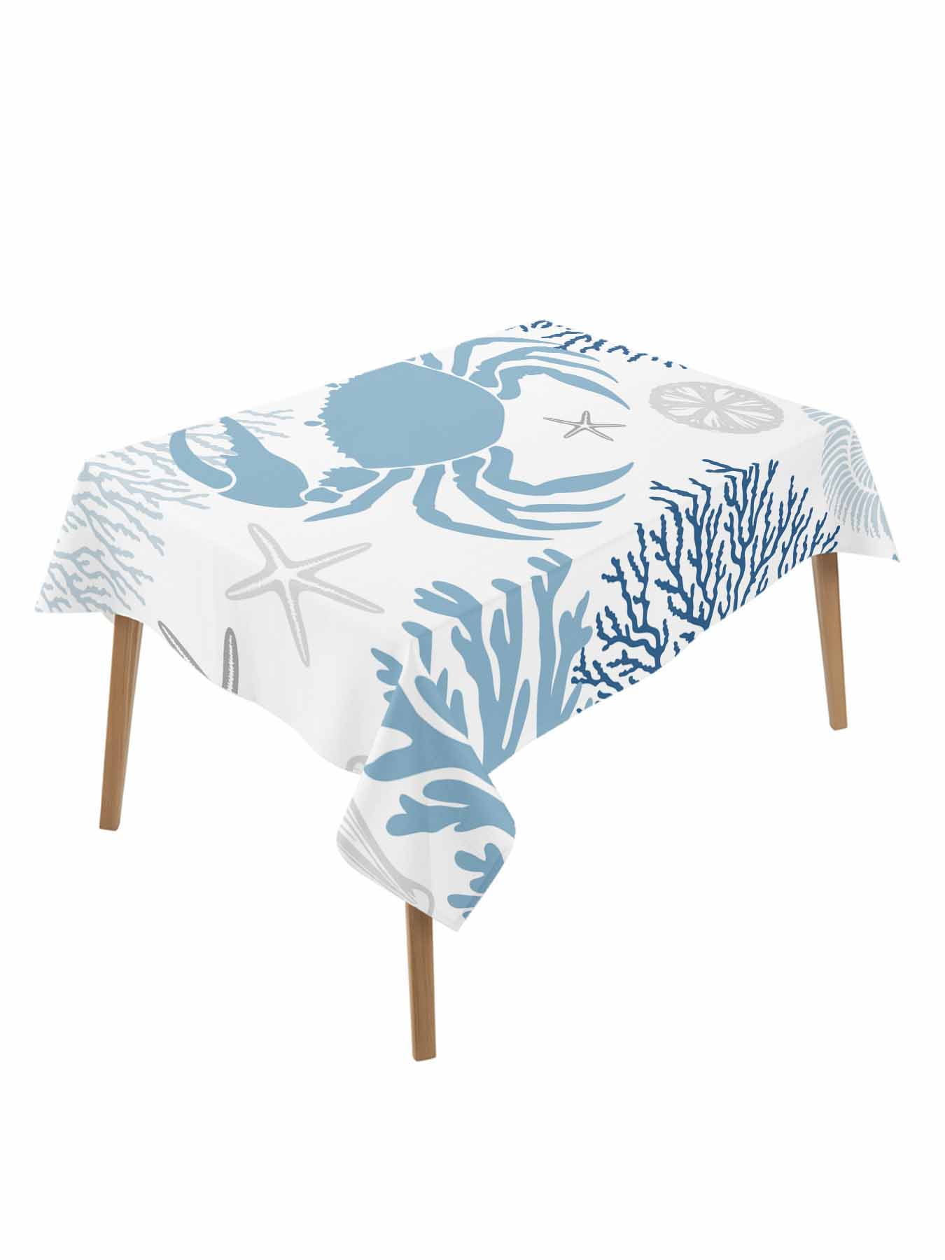 Coastal Blue Crab Table Cloth, Coral Starfish Ocean Conch Nautical ...