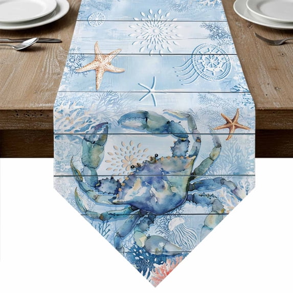 Coastal Blue Crab Table Runner Linen Burlap Table Runner 48 Inches Long ...