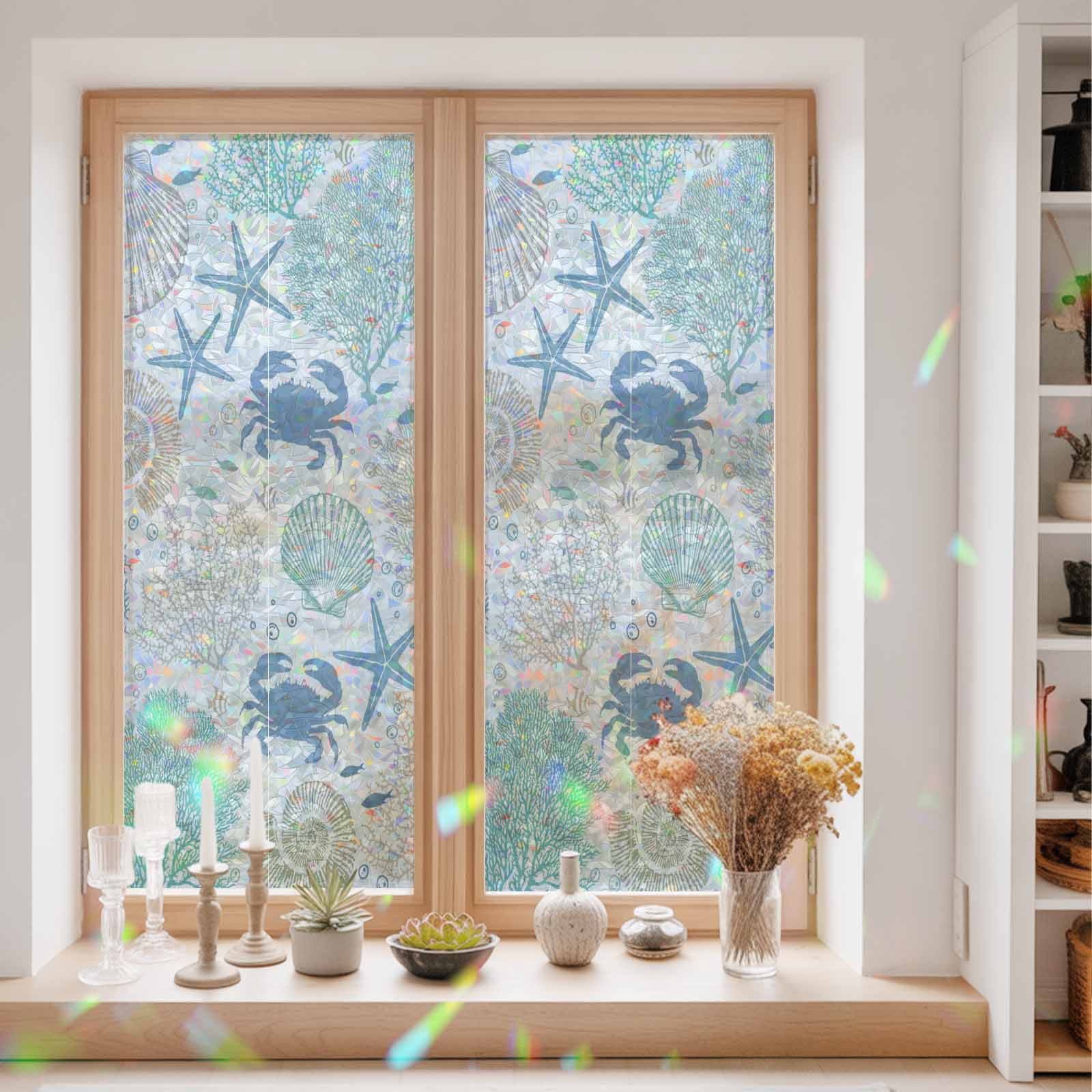 Coastal Blue Crab Window Privacy Film Summer Starfish Shell Coral ...